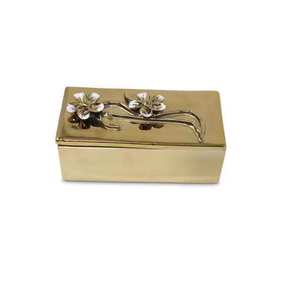 House of Hampton® Oblong Gold Decorative Box With Flower Design Lid ...