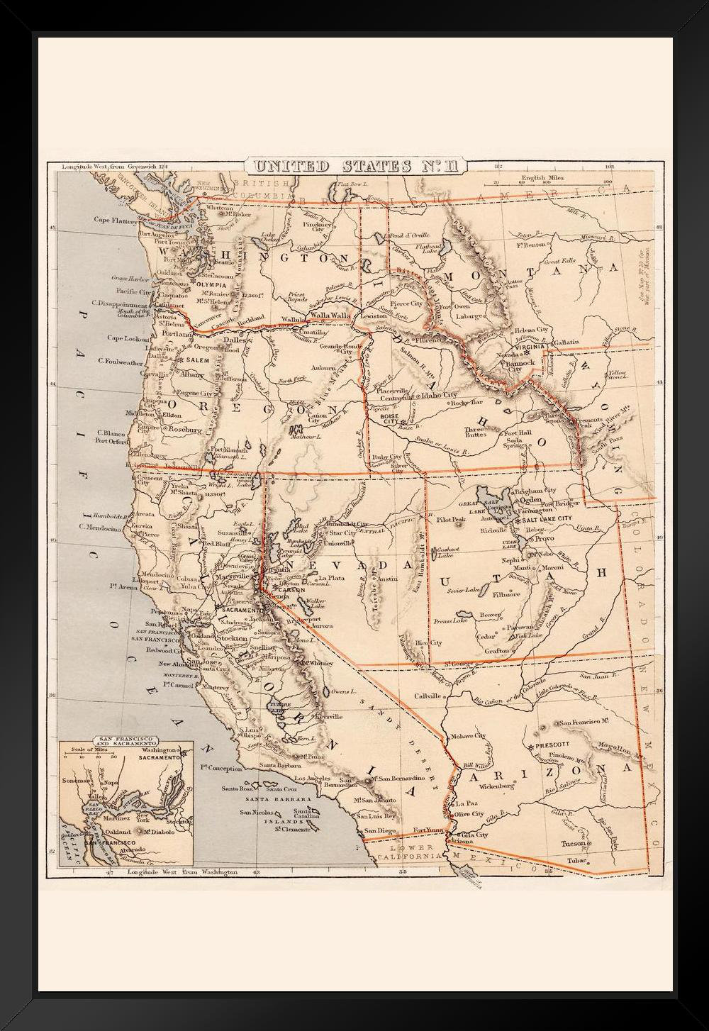 Trinx Pacific United States USA 1869 Vintage Antique Style Map With ...