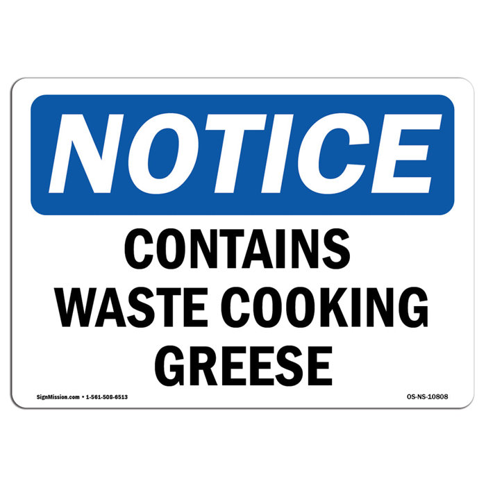 SignMission Contains Waste Cooking Grease Sign | Wayfair