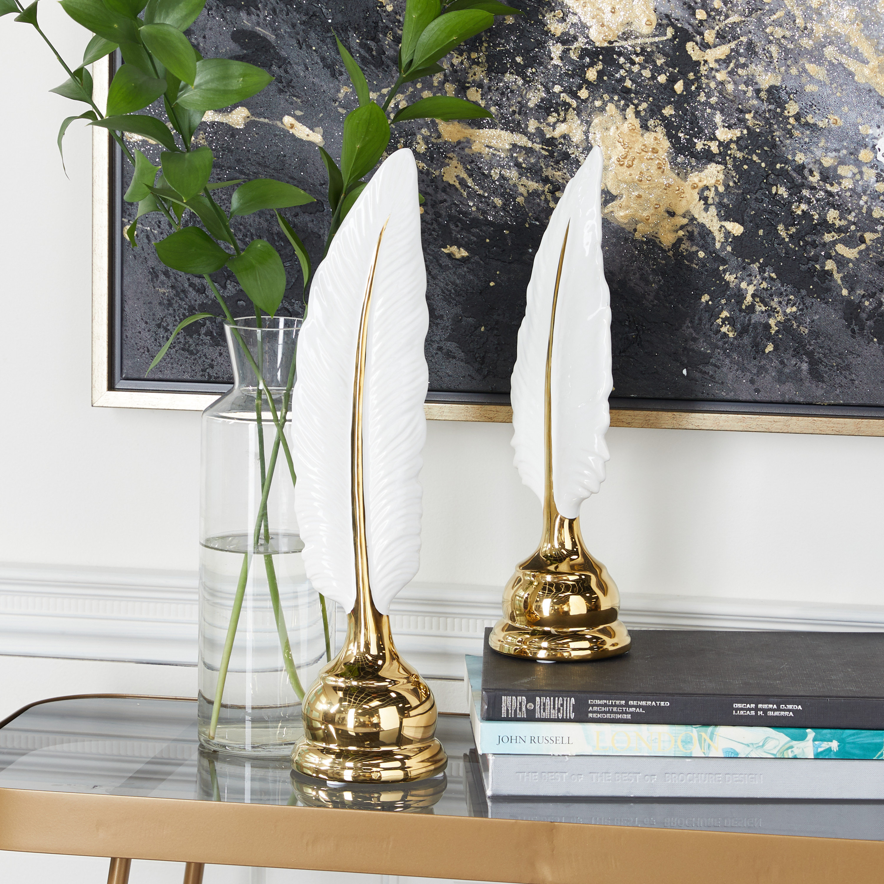 House of Hampton® Dubien 2 Piece Ceramic Feather Sculpture Set ...