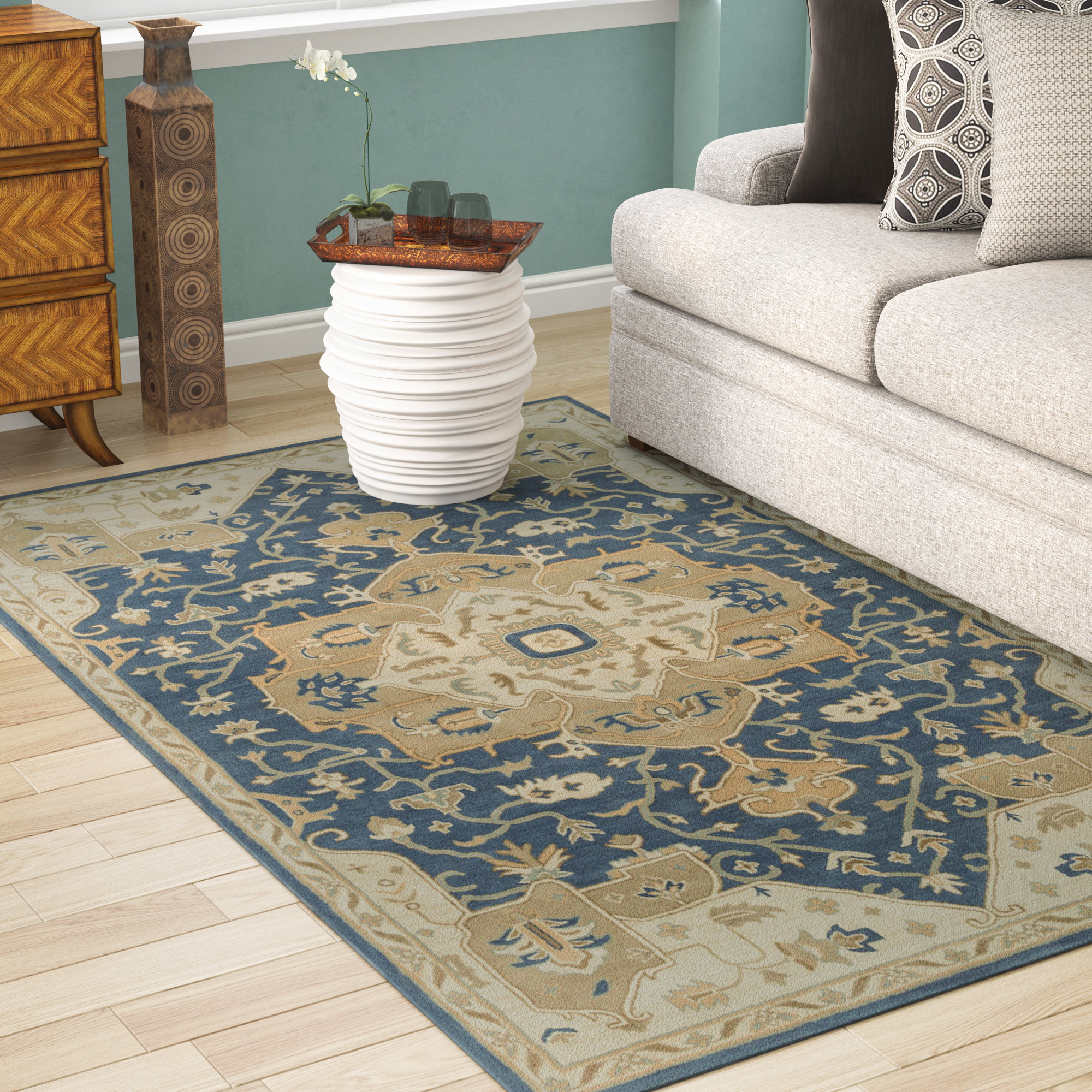Lark Manor Buckhill Handmade Wool Beige/Navy Rug & Reviews | Wayfair