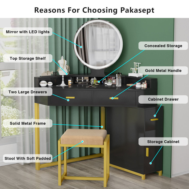 Mercer41 Corner Vanity Set with Lighted Mirror & Reviews | Wayfair