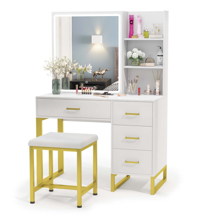 Millwood Pines Ipava Vanity Set With Lighted Mirror, Makeup Vanity ...