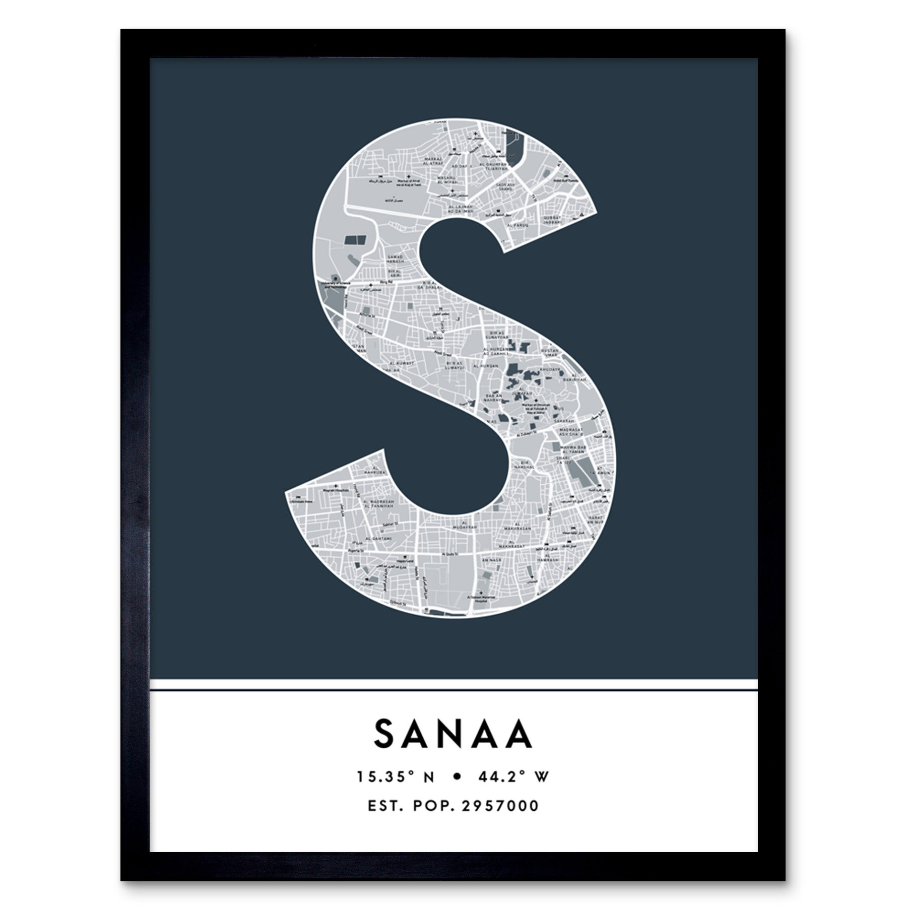 Wee Blue Coo Sanaa City Map Sanaa Navy by Wee Blue Coo - Picture Frame ...