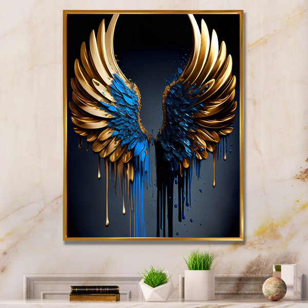 DesignArt Blue And Gold Angel Wings III - Floater Frame Print on Canvas ...
