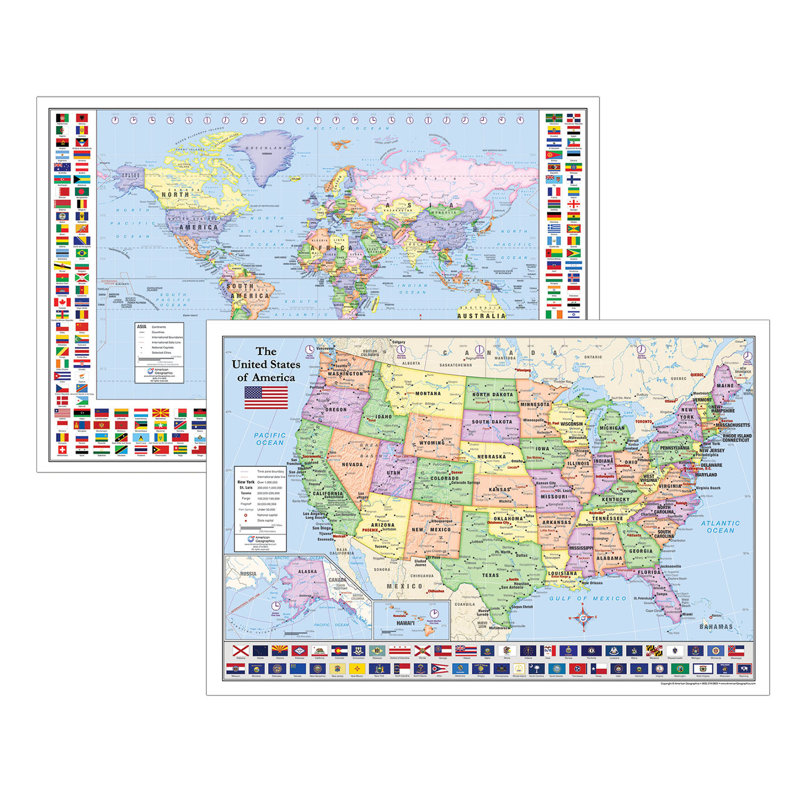 American Geographics 2-Piece Laminated World and U.S. Maps with Flags ...