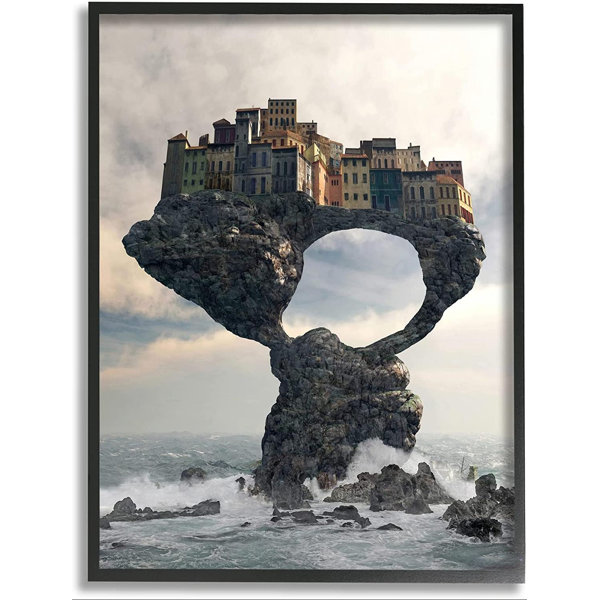 Red Barrel Studio® Surreal City Atop Rocks Cliff Sea Waves Splashing ...