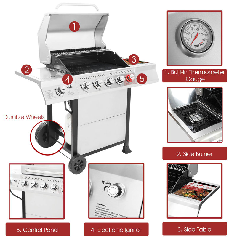 Royal Gourmet 5 - Burner Liquid Propane 64000 BTU Gas Grill with Side ...