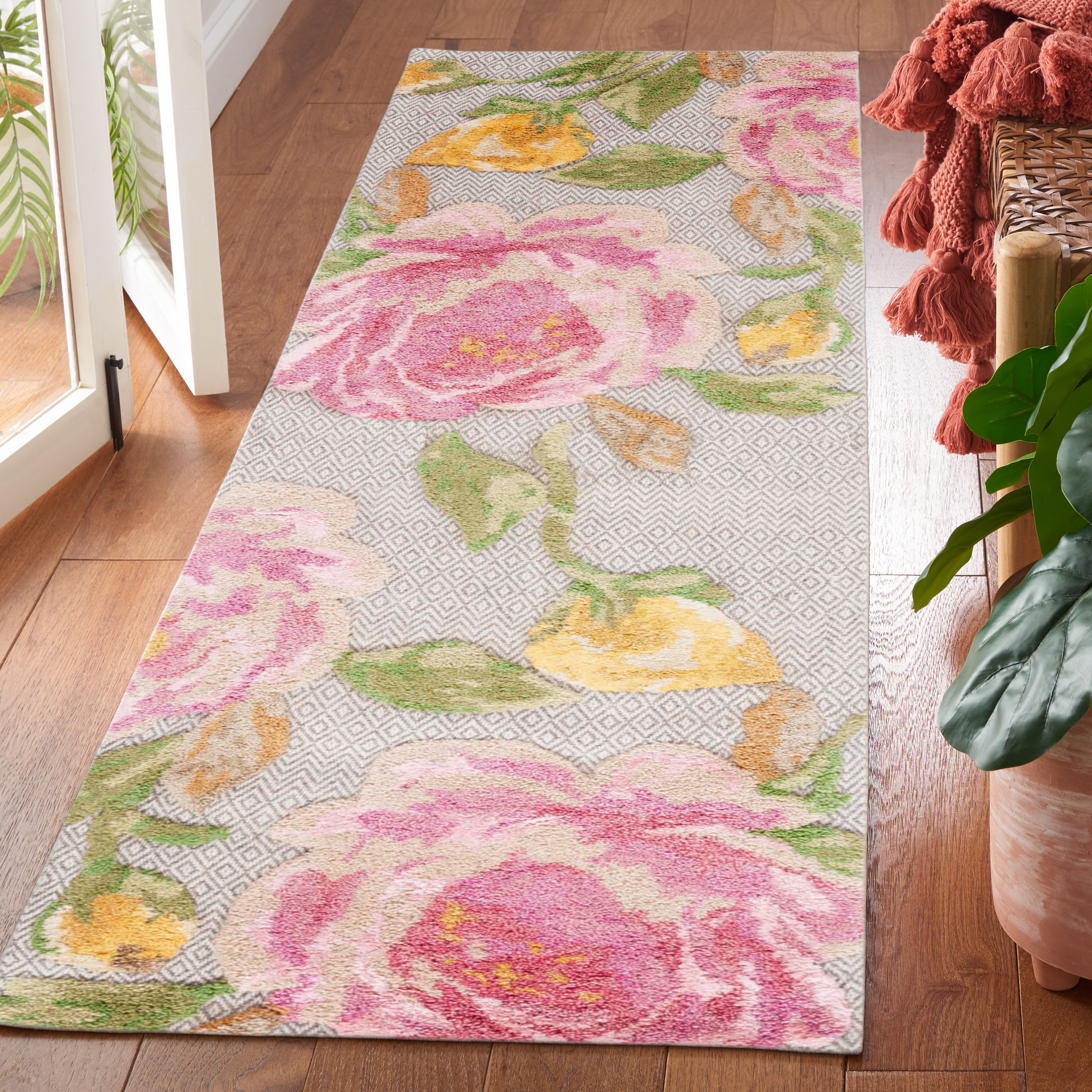 Lark Manor Albertice Handmade Hand Tufted White/Pink/Green/Yellow Rug ...