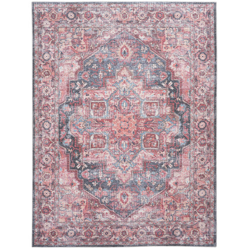 Nicole Curtis Machine Washable Oriental Blue/Brick Red Area Rug ...