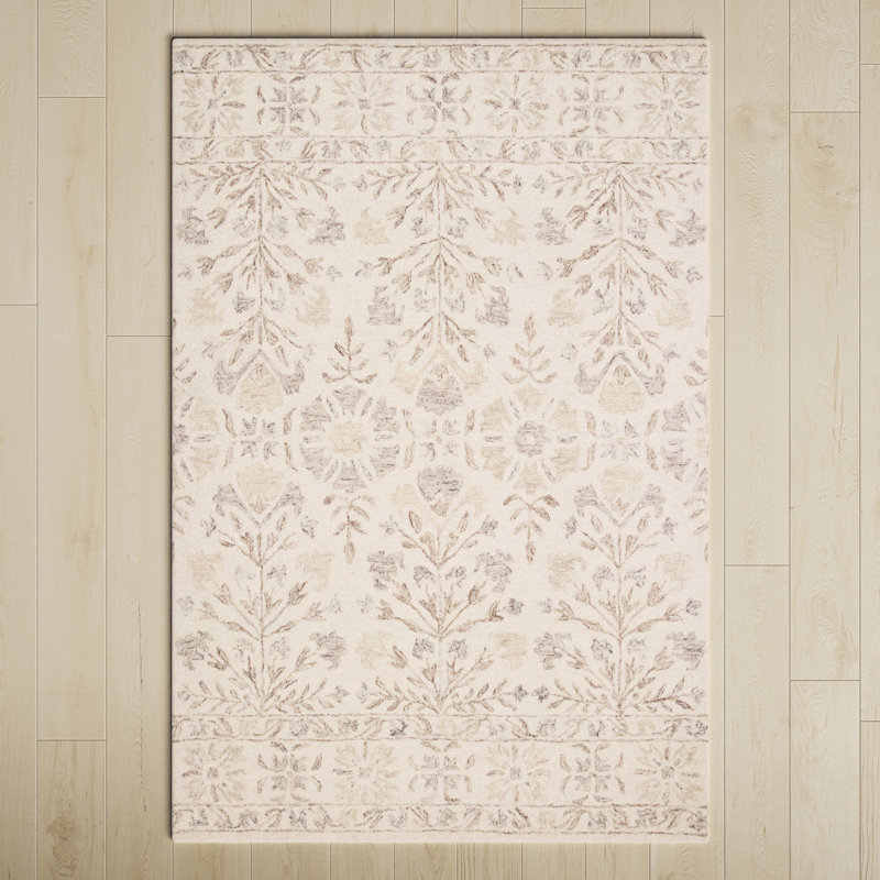 Birch Lane™ Aden Floral Handmade Hooked Wool Ivory/ Brown/Grey Area Rug ...