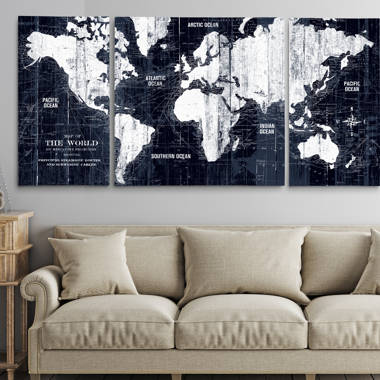World Menagerie World Map Navy by Michael Tompsett - 3 Piece Print on ...