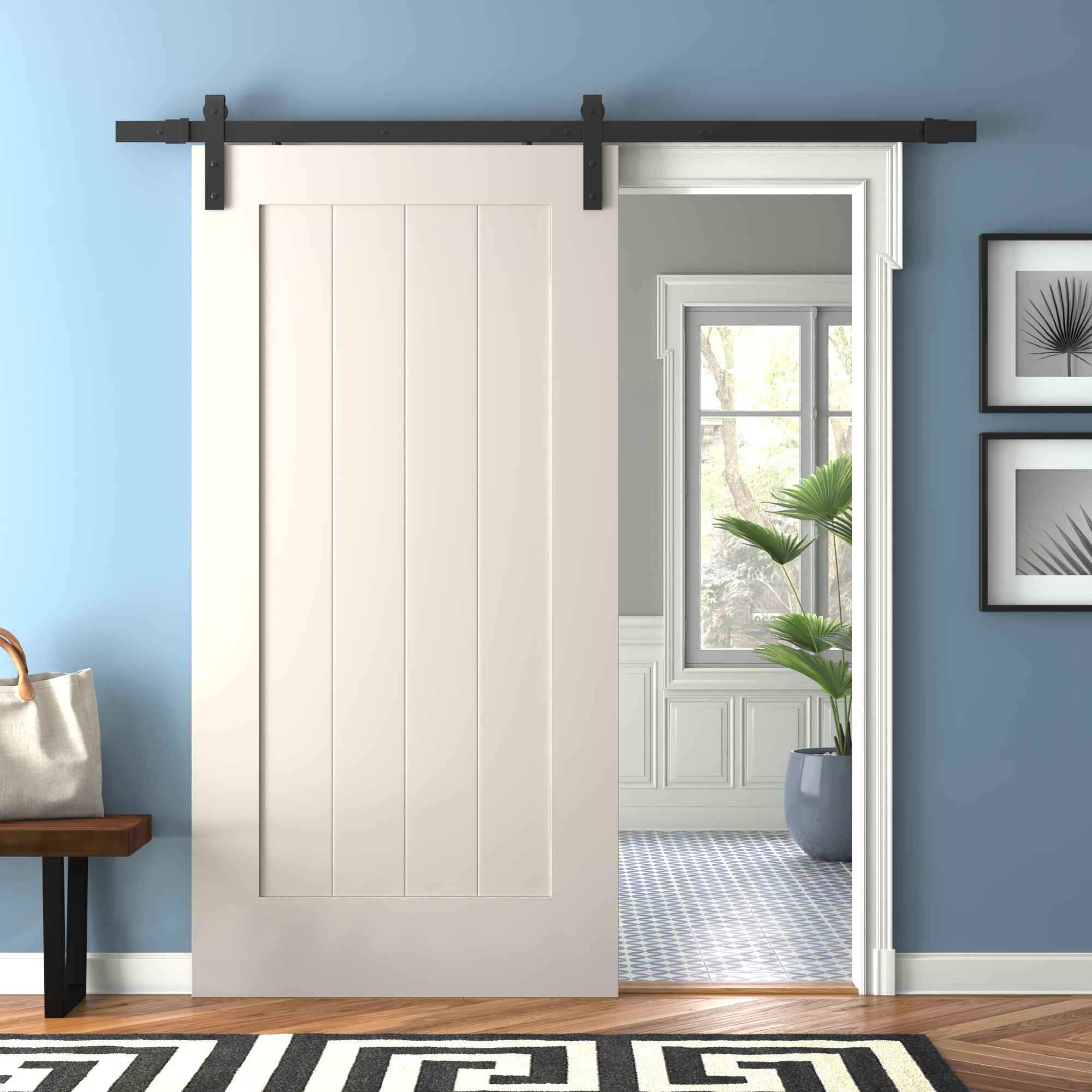 Trimlite Primed 1 Panel V-Groove Interior Barn Door with Track ...