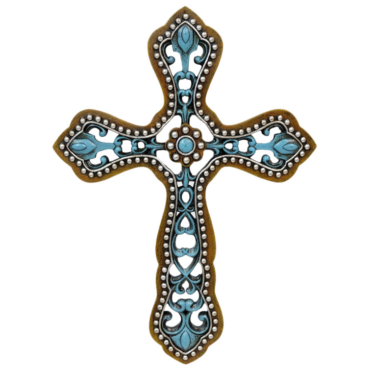 Fleur De Lis Living Polyresin Ornate Turquoise Chain Link Cross with ...