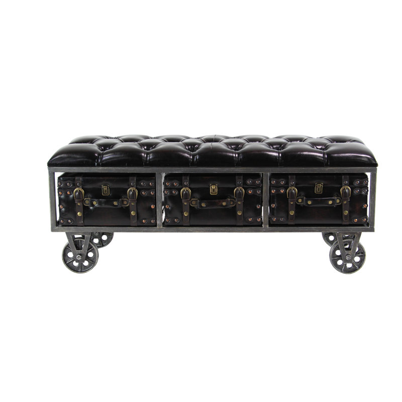 17 Stories Remylina Black Wood Storage Bench with Tufted Faux Leather ...