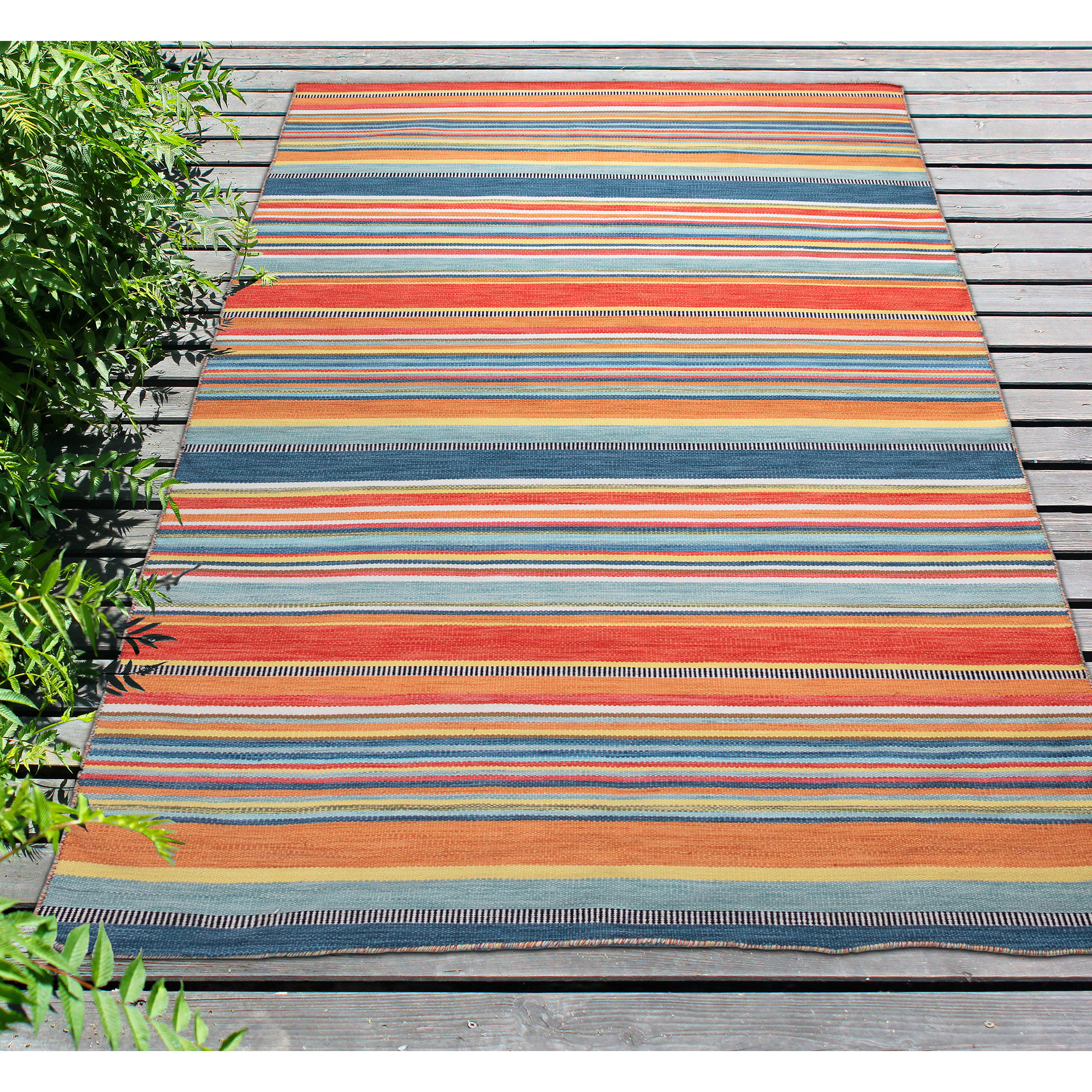Beachcrest Home Newsome Striped Hand-Woven Flatweave Orange/Blue/Yellow ...