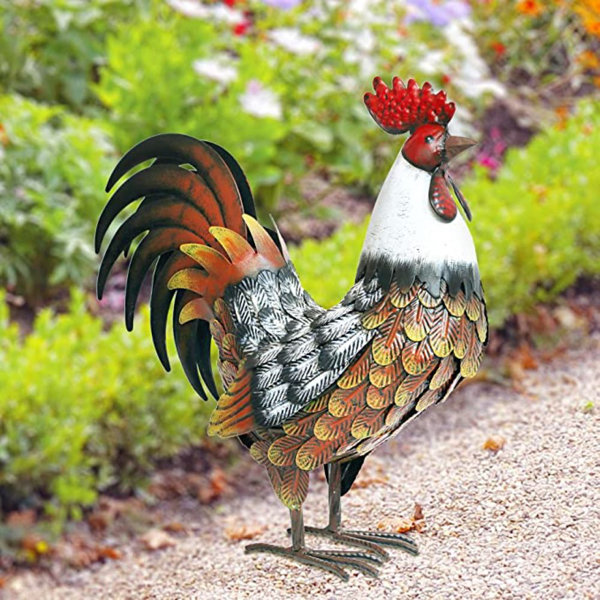 August Grove® Garden Rooster Statues & Sculpture, Metal Chicken Animal ...