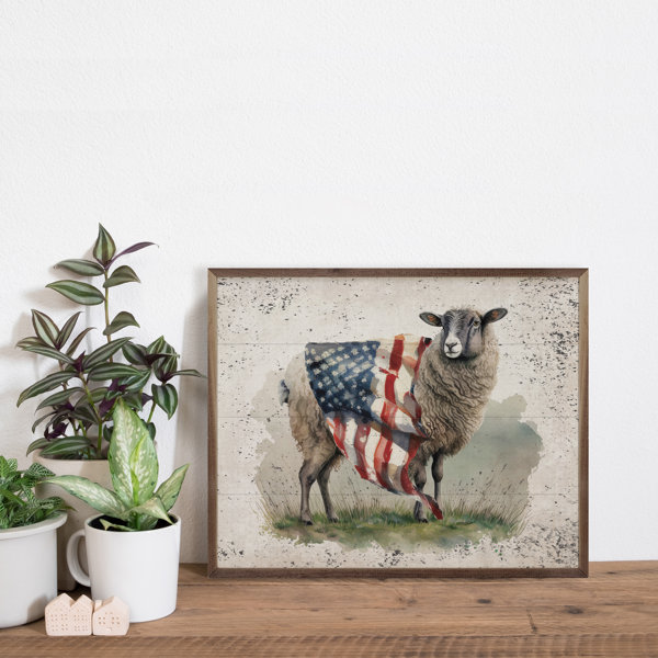 The Holiday Aisle® Distressed Patriotic Sheep Flag Right Framed On Wood ...