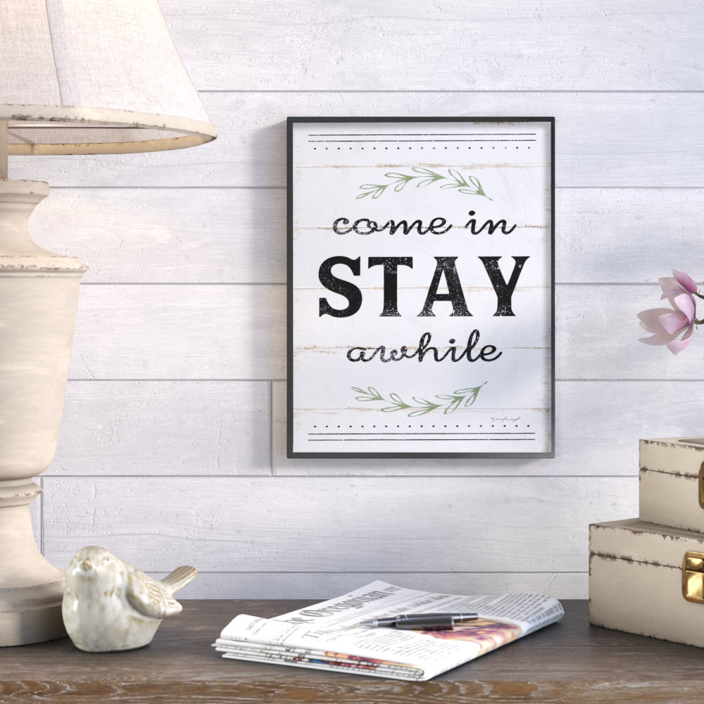 Gracie Oaks Come Stay Awhile Rosemary Typography Distressed White by ...