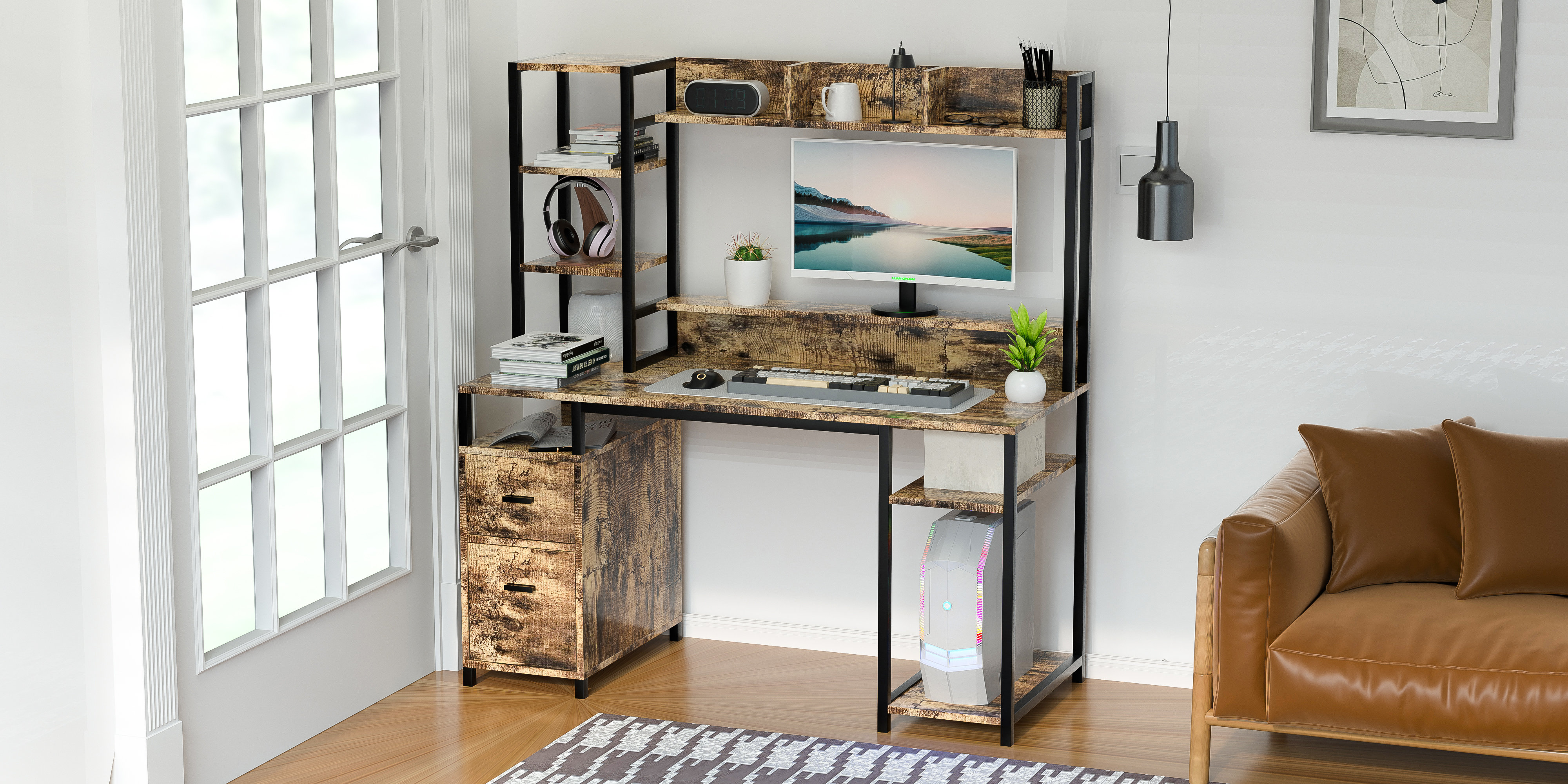 17 Stories Candita Computer Desk with Hutch and Storage Shelf, 55" Home ...