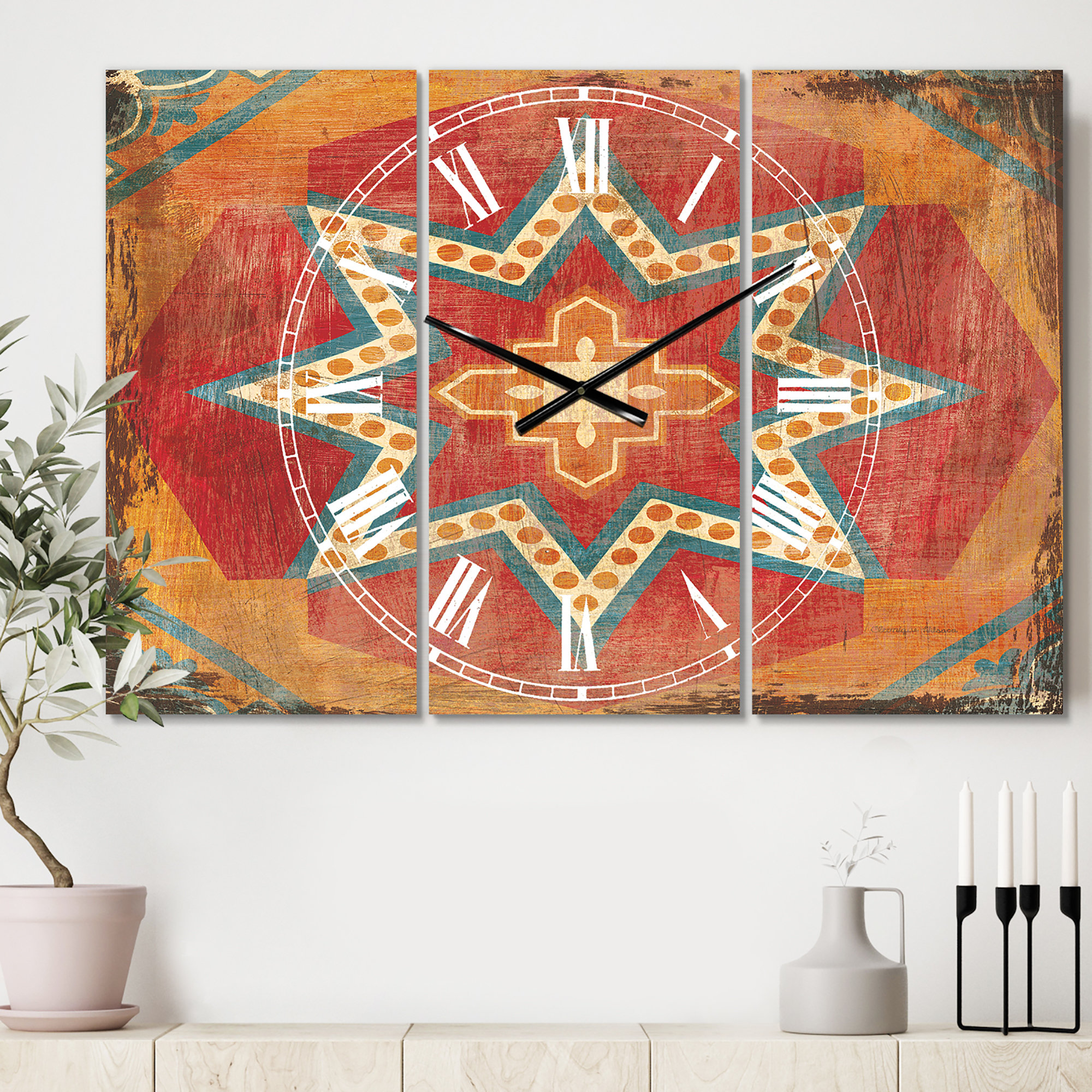East Urban Home Moroccan Orange Tiles Collage I - Bohemian wall clock ...