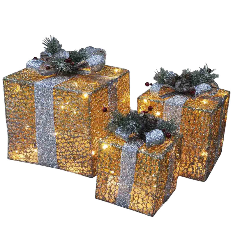 The Holiday Aisle® 3 Piece Fabric Gift Boxes Lighted Display Set | Wayfair