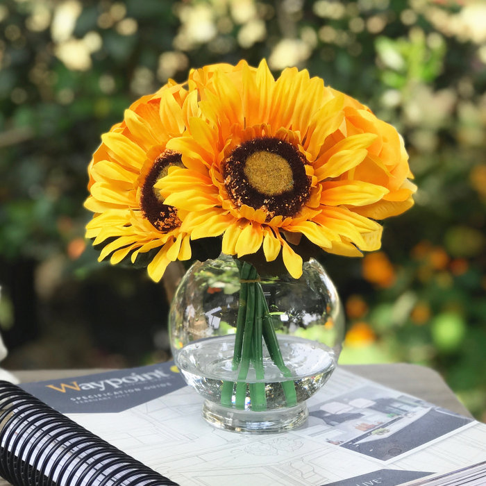 August Grove® Sunflower and Rose Silk Flower Mixed Centerpiece in Vase ...