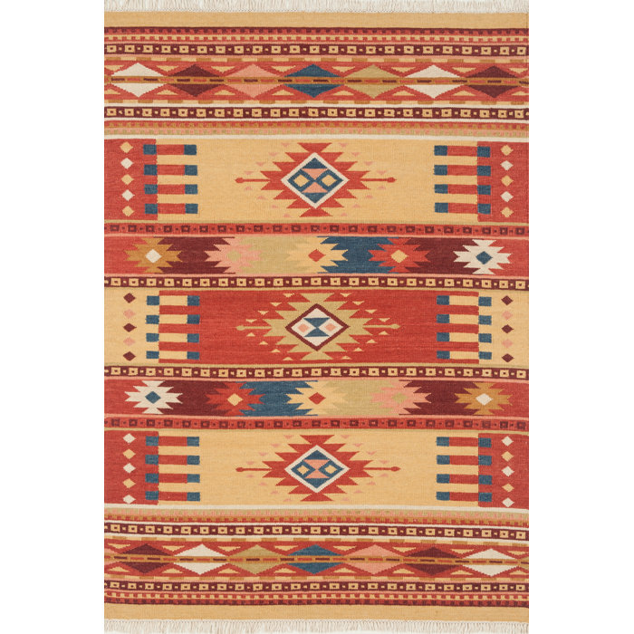 Millwood Pines Clemente Handmade Flatweave Wool Yellow/Rust/Blue Rug ...