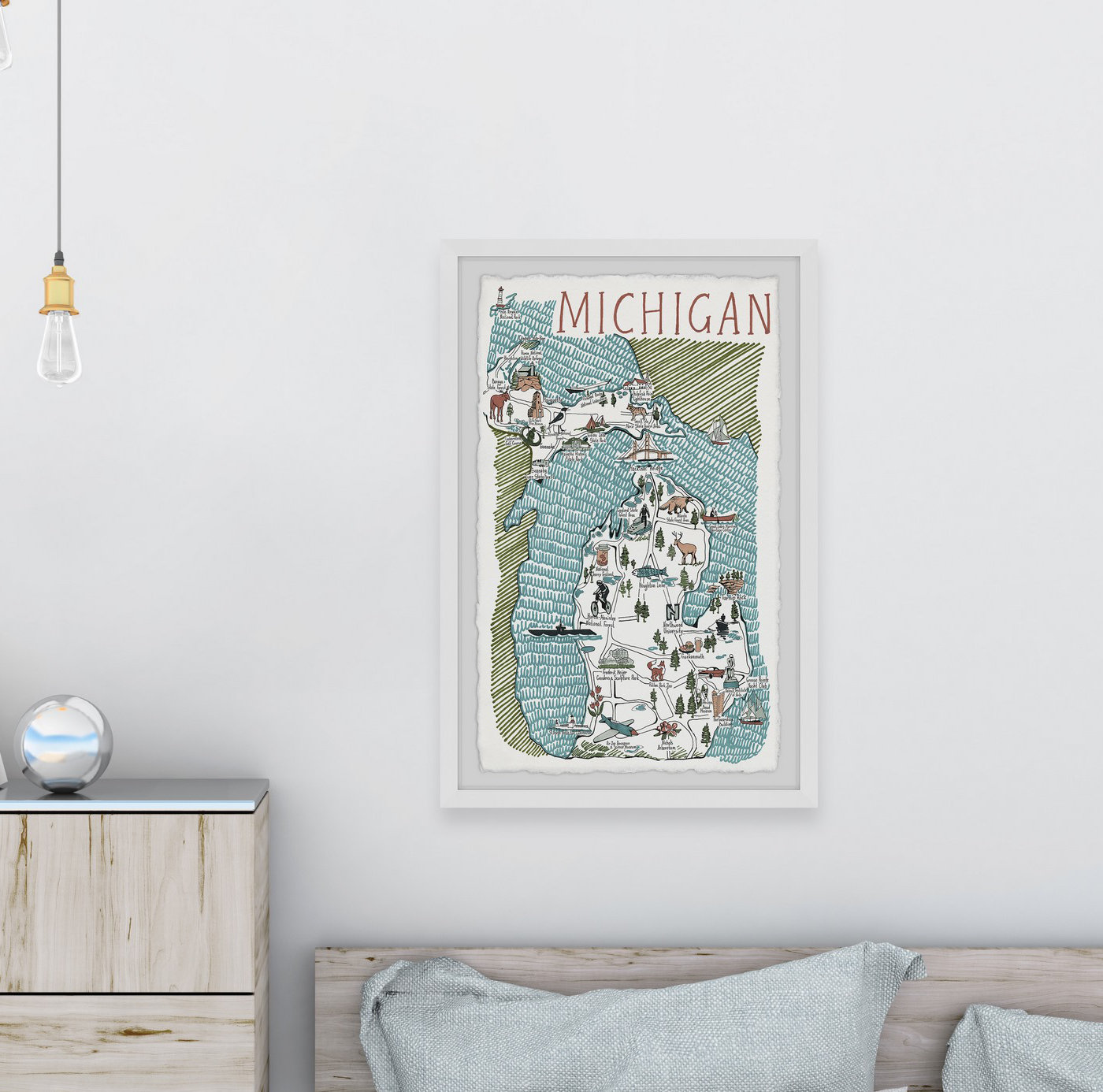 Trinx Michigan Illustrated Map II by - Picture Frame Painting | Wayfair