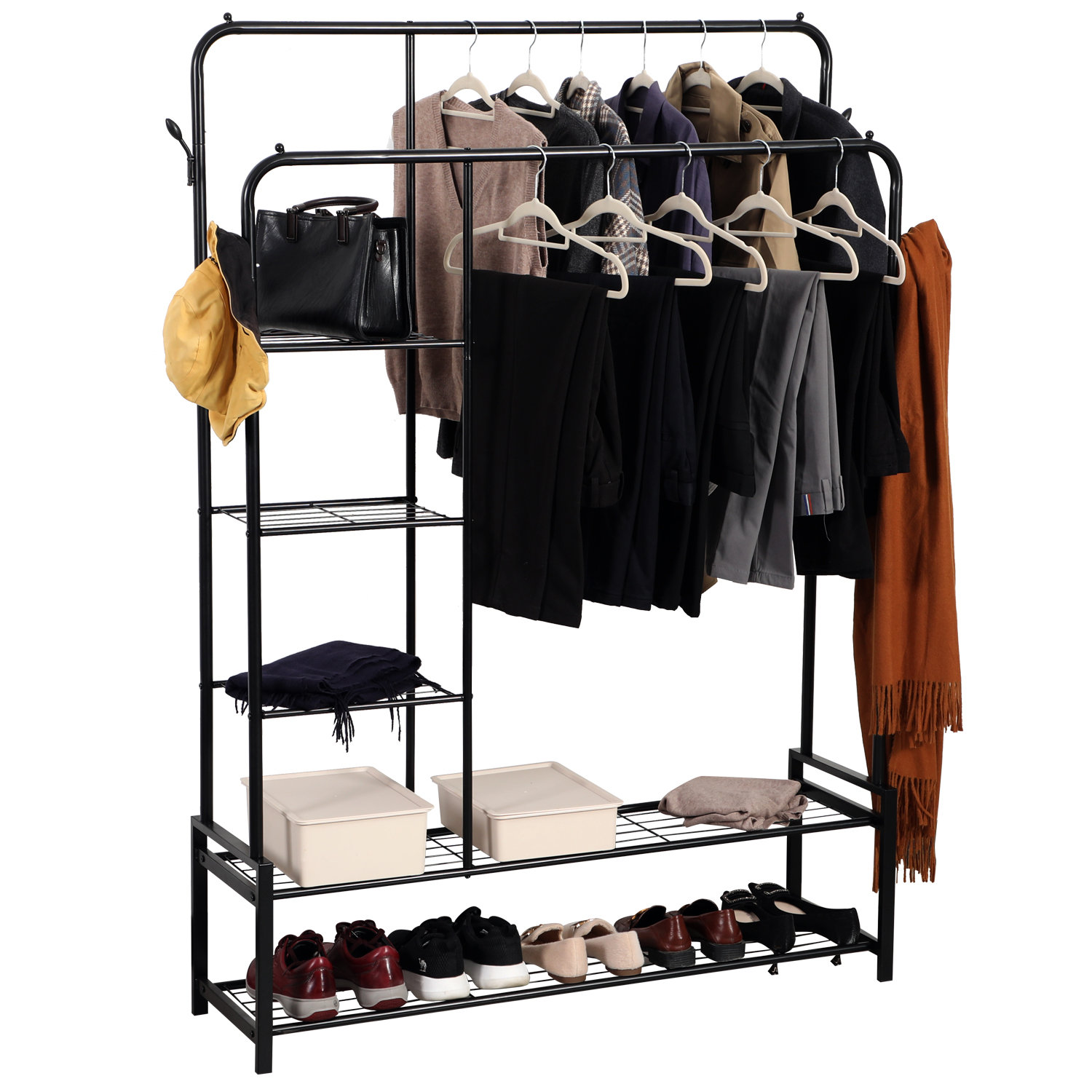 Rebrilliant Freestanding Double Clothes Rail With 2 Shoe Racks And 3 ...
