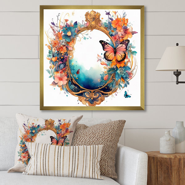 August Grove® Ryott Antique Floral Mirror With Butterflies II On Canvas ...