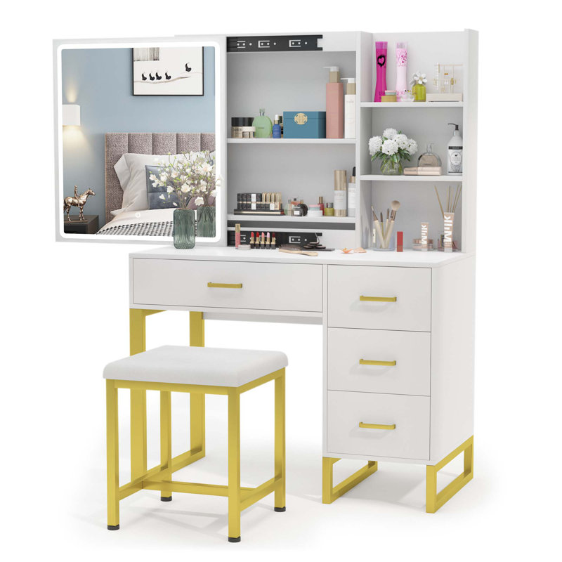 Millwood Pines Ipava Vanity Set With Lighted Mirror, Makeup Vanity ...