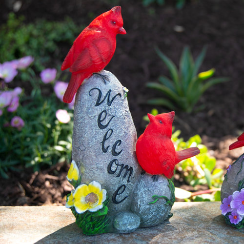 Exhart Solar Cardinals On A Hand Painted Welcome Rock Garden Statuary ...