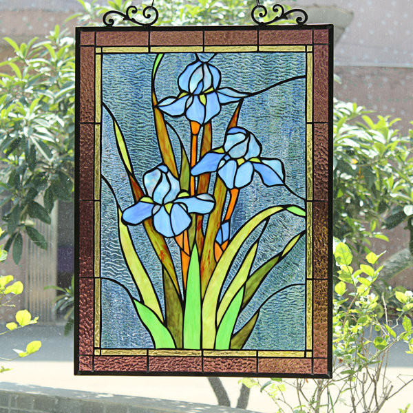 Red Barrel Studio® Blue Iris Floral Tiffany Window Panel | Wayfair