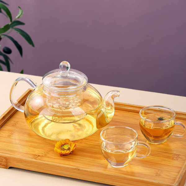 Ivy Bronx Glass Tea Pot With 4 Tea Cups, Removable Infuser, Blooming ...