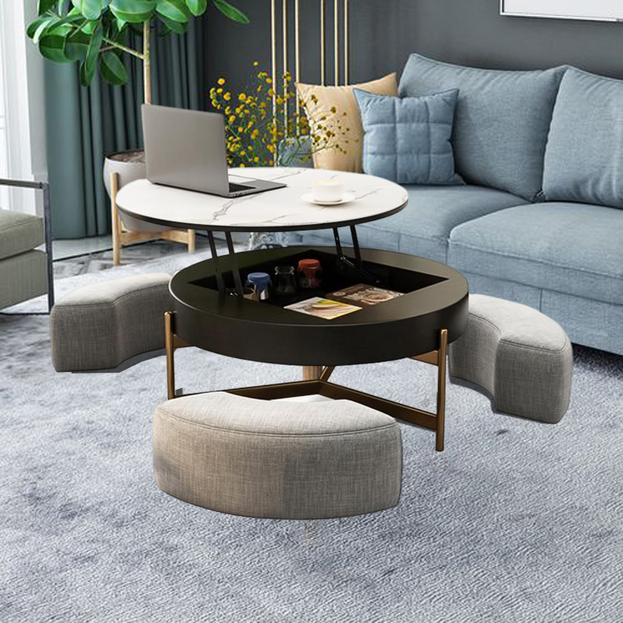 Dilon 31" Wide Lifting-Top Round Modern Coffee Table With Storage And 3 ...