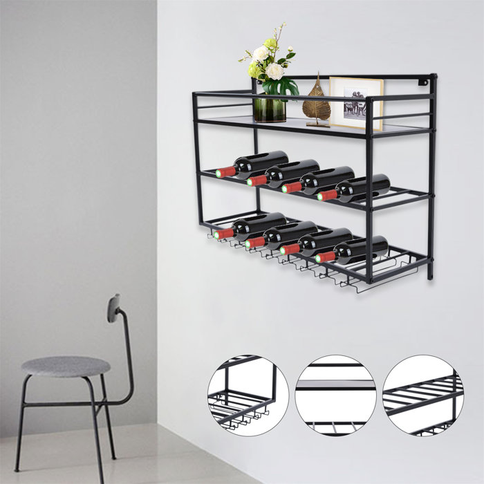 17 Stories Kaleal 9 Bottle Wall Mounted Wine Bottle & Glass Rack in ...