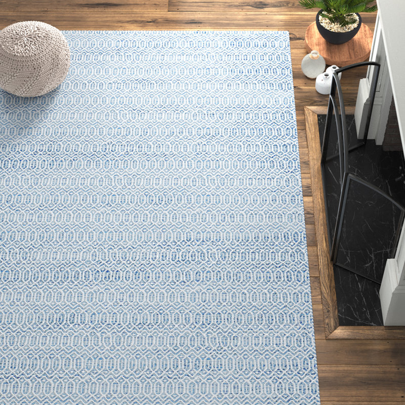 Beachcrest Home Rhian Geometric Hand Woven Wool Area Rug in Ivory/Blue ...