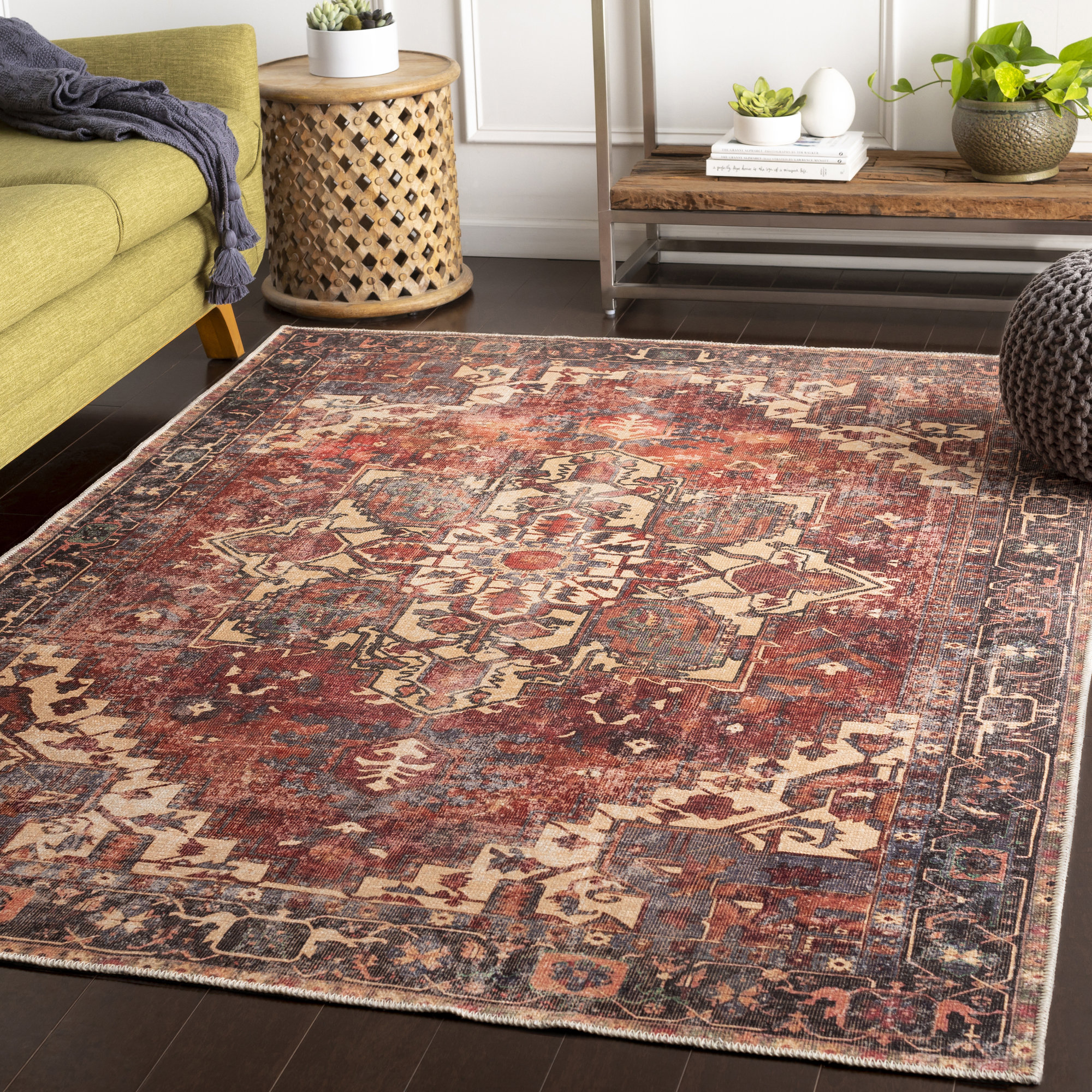 World Menagerie Mya Power Loom Red/Brown/Black Rug & Reviews | Wayfair