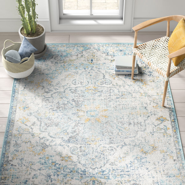 Mistana™ Hillsby Power Loom Performance Ivory Cream/Teal/Yellow Rug ...