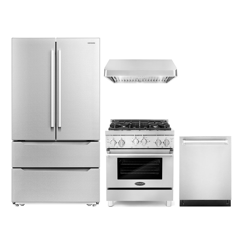 Cosmo 4 PC Kitchen Set with 30" Dual Fuel Range 30" Island Range Hood ...