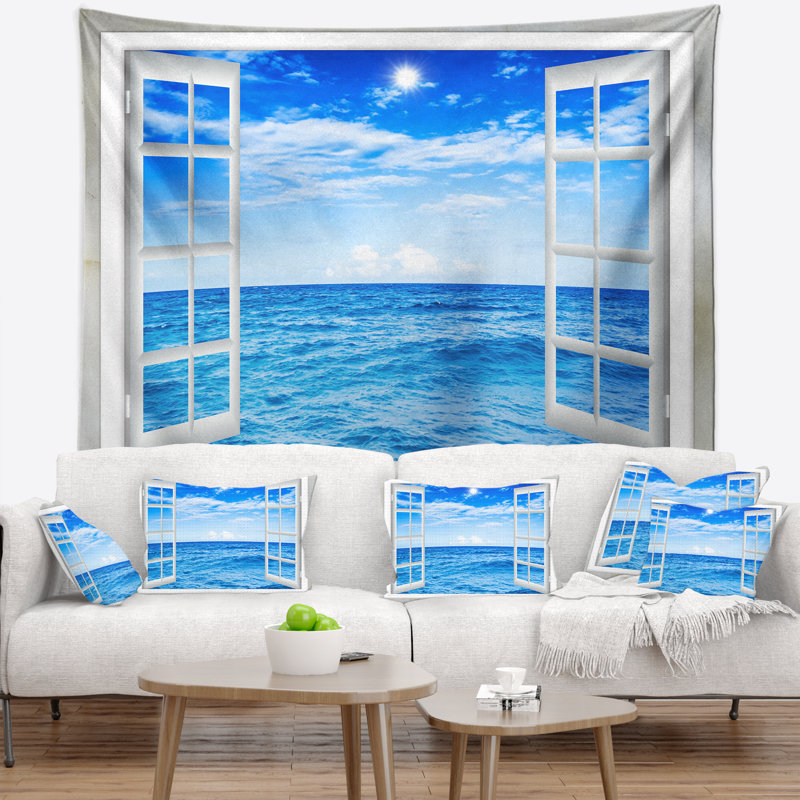 Bless international Seashore Window Open to Blue Wavy Ocean Tapestry ...