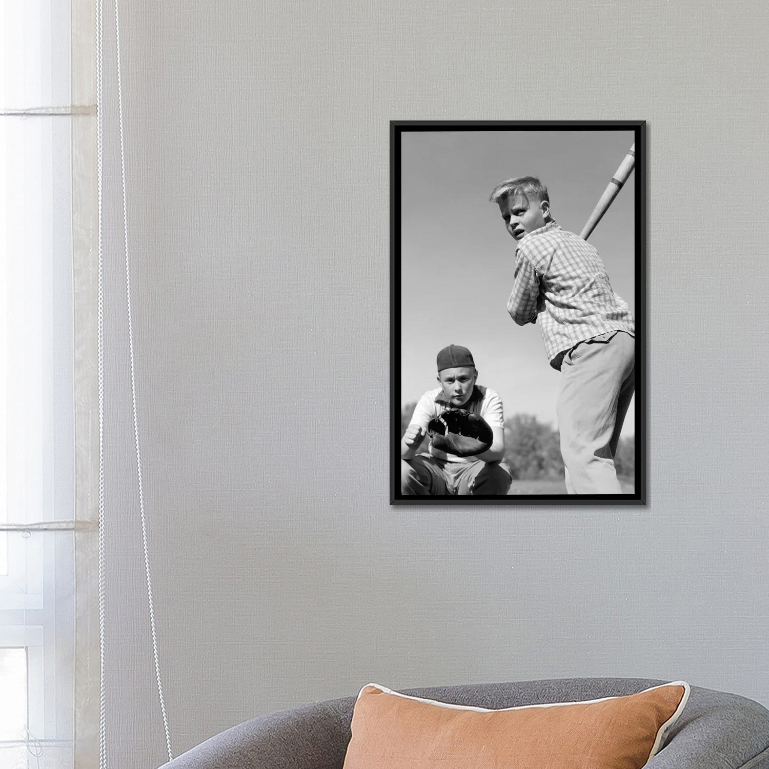 East Urban Home 1950S Teen Boy At Bat With Catcher Crouching Behind Him ...