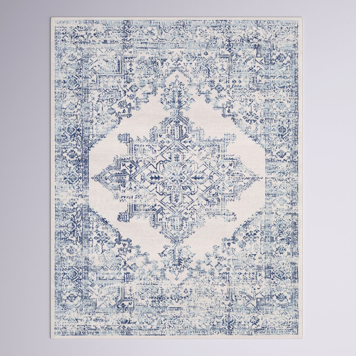 Mistana™ Shyann Performance White/Gray/Dark Blue Rug & Reviews | Wayfair
