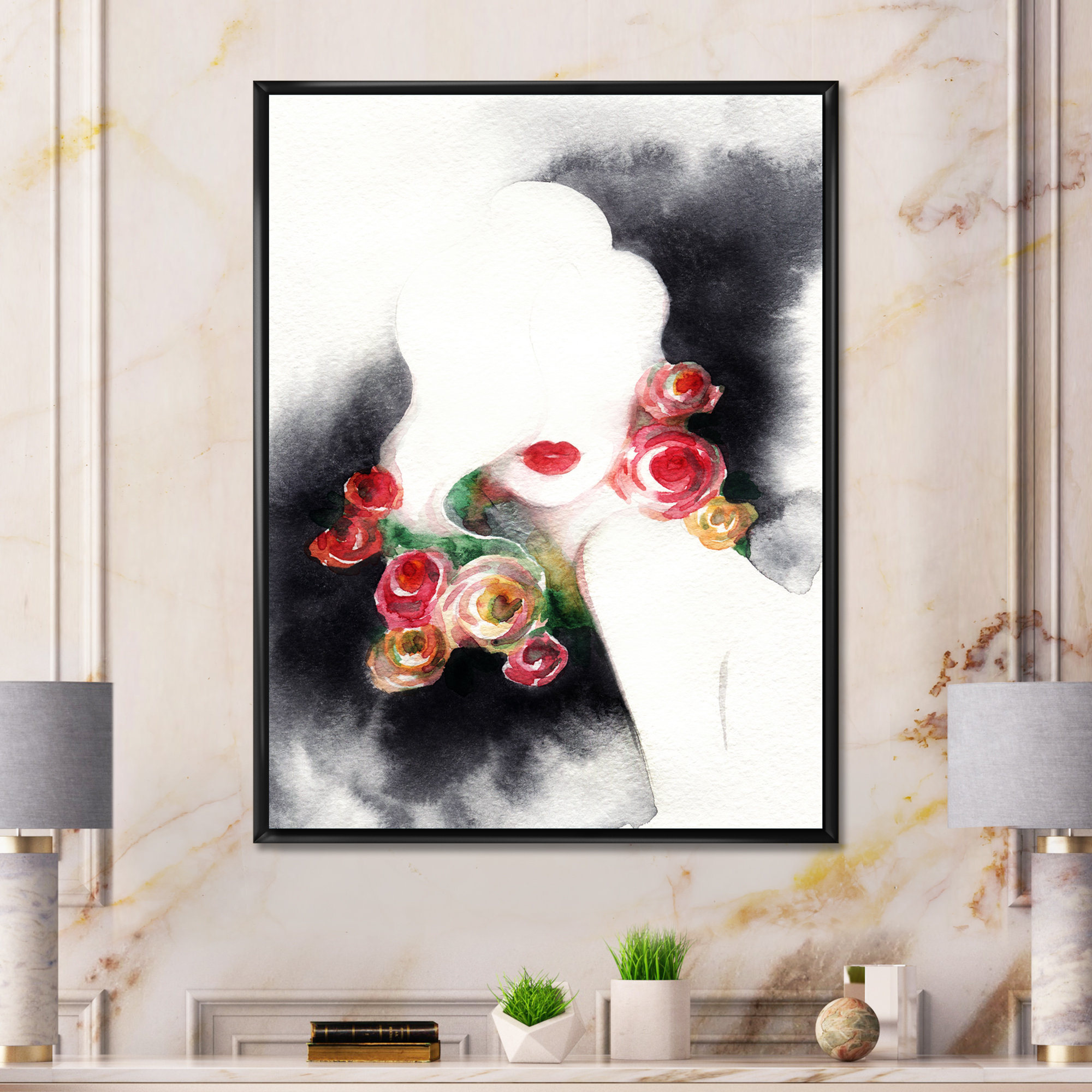 Mercer41 Black Floral Glam Woman Portrait Black Floral Glam Woman Portrait - on | Wayfair