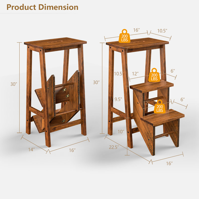 Loon Peak® Azurae 3 Tier Folding Step Stool 3-in-1 Rubber Wood Ladder ...