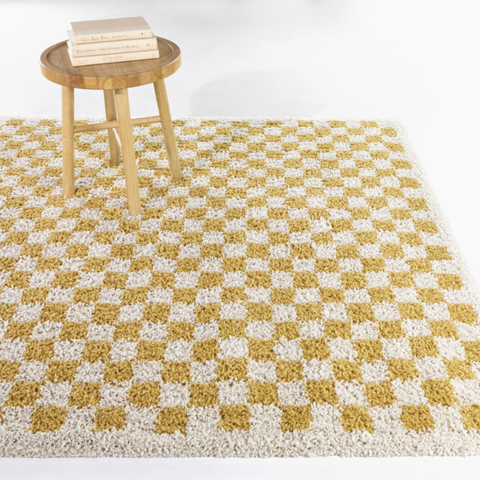 AllModern Walker Checkered Mustard/Cream Shag Area Rug & Reviews | Wayfair