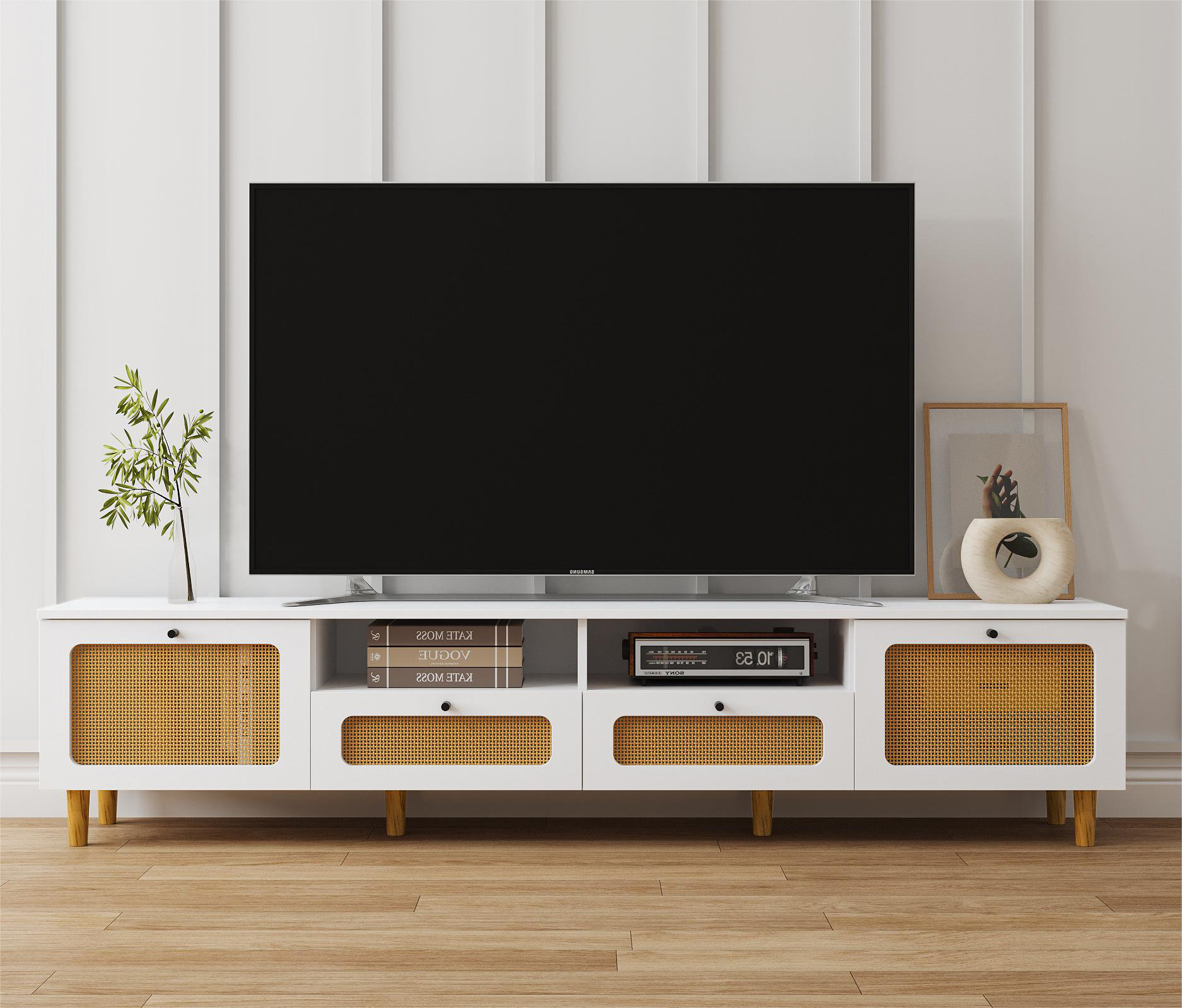 Millwood Pines White Rattan MDF TV Stand Modern Wood Media ...