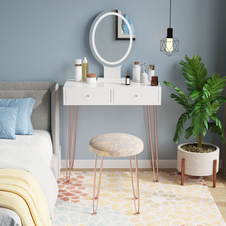 Mercer41 Damitris White Makeup Vanity Set with Yellow Stool Oval ...