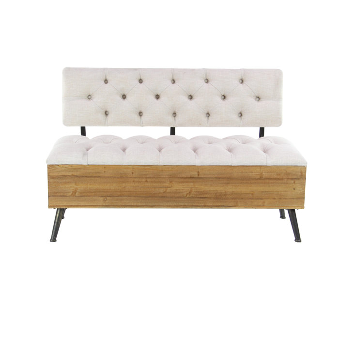 17 Stories Sibo White Wood Storage Bench with Cream Tufted Seat and ...